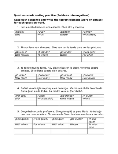 Question words sorting practice (Palabras interrogativas) | Teaching ...