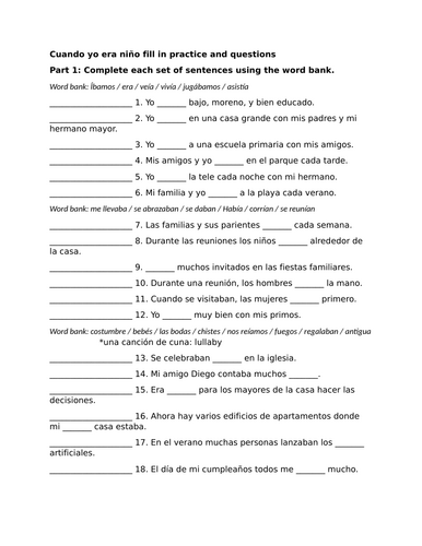 Cuando yo era niño fill in practice and questions | Teaching Resources