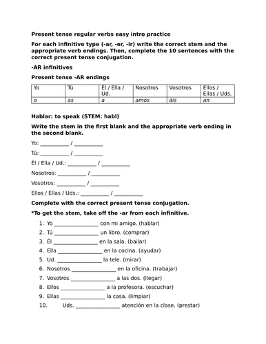 Present tense regular verbs easy intro practice | Teaching Resources