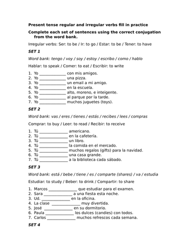 Present tense regular and irregular verbs fill in practice | Teaching ...