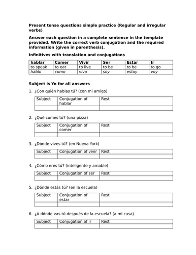 Present tense questions simple practice (Regular and irregular verbs ...