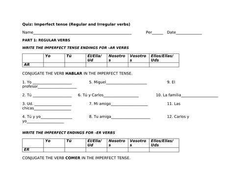 Quiz: Imperfect tense (Regular and Irregular verbs) | Teaching Resources