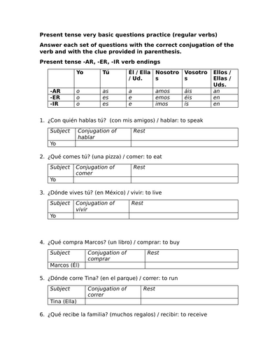 Present tense very basic questions practice (regular verbs) | Teaching ...