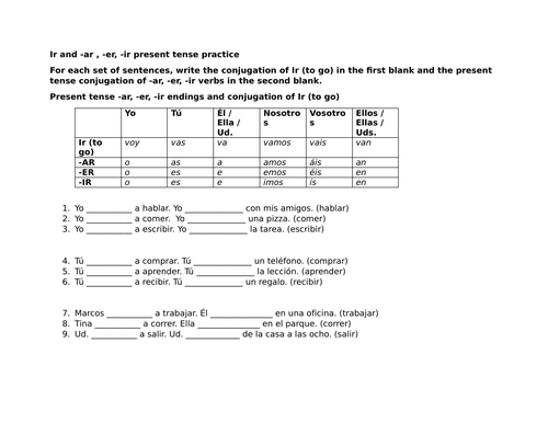 Ir and -ar , -er, -ir present tense practice | Teaching Resources