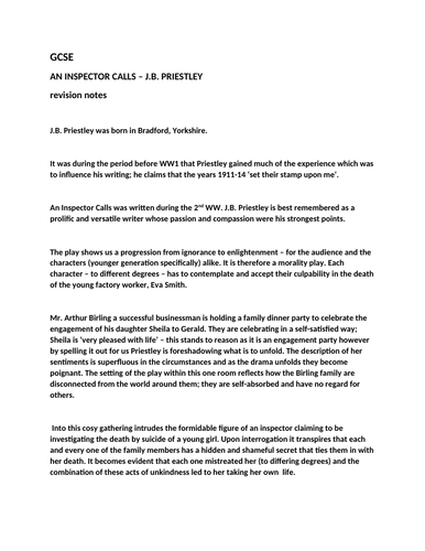 "An Inspector Calls"GCSE ENGLISH LITERATURE revision notes | Teaching ...