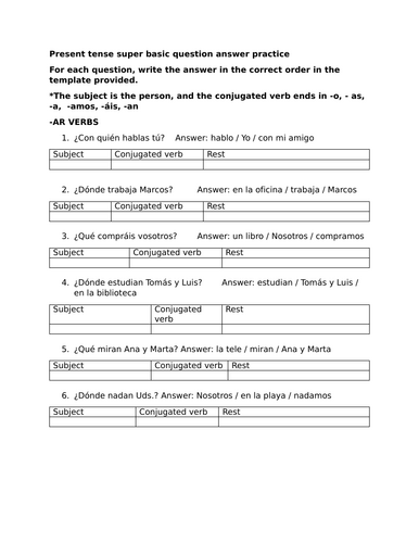 Present tense super basic question answer practice | Teaching Resources