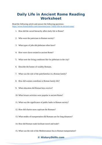 Daily Life In Ancient Rome Worksheet