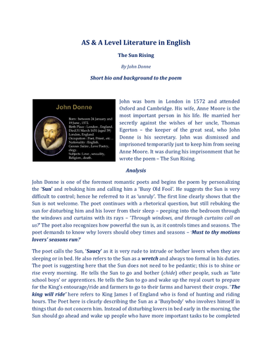 Sun Rising by John Donne - Complete Analysis | Teaching Resources