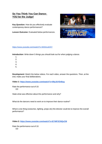 KS3 Dance written task- SYTYCD YOU be the judge | Teaching Resources