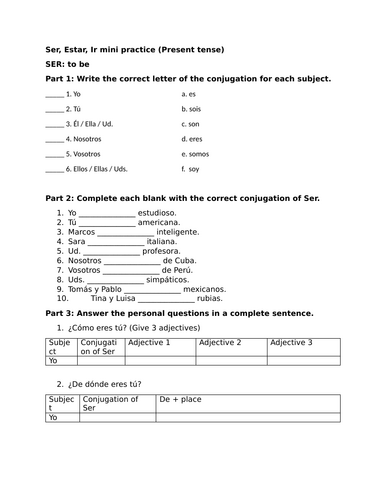 Ser, Estar, Ir mini practice (Present tense) | Teaching Resources