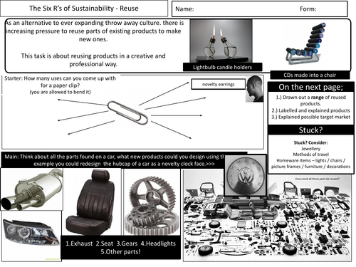 Sustainability in Design Technology cover worksheet quick print ...