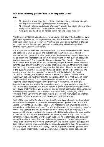 Grade 9 An Inspector Calls essay - Eric | Teaching Resources