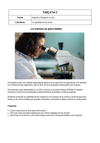 La Igualdad de los Sexos - Speaking Cards for AQA A-Level Spanish ...