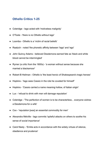 Othello Critics 1-25 (A-Level Resource) | Teaching Resources