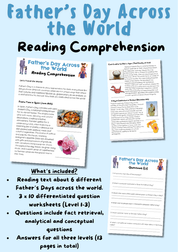 Father's Day Differentiated Reading Comprehension with Answers (End of ...