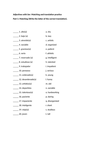 Adjectives with Ser: Matching and translation practice | Teaching Resources