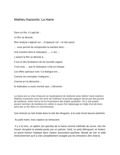 A LEVEL FRENCH exam questions "La Haine" | Teaching Resources