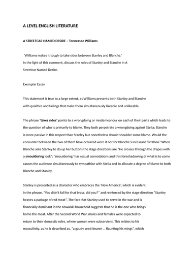 A LEVEL ENGLISH LITERATURE sample essay Blanche and Stanley "A ...