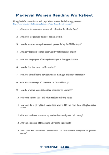 Women in the Middle Ages Reading Questions Worksheet | Teaching Resources