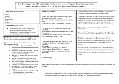 Poetry Analysis KS3 Mother Any Distance by Simon Armitage | Teaching ...