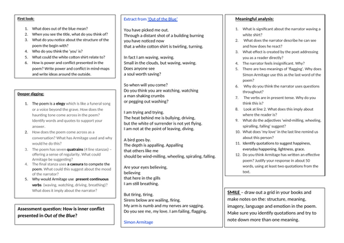 Poetry Analysis Extract from Out of the Blue by Simon Armitage KS3 ...