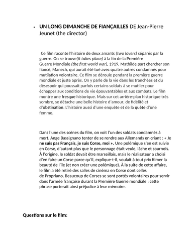 Un long dimanche de fiançailles: revision notes A LEVEL FRENCH ...