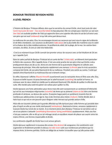 "Bonjour Tristesse" revision notes A LEVEL FRENCH | Teaching Resources