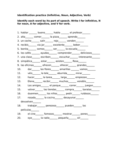 Identification practice (Infinitive, Noun, Adjective, Verb) (Spanish ...