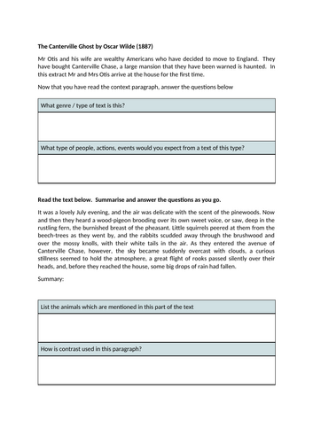 Oscar Wilde Canterville Ghost KS3 Comprehension and Writing Activity ...