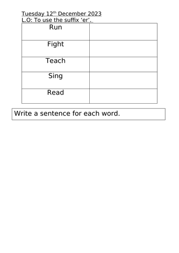 Suffix 'er' worksheet | Teaching Resources