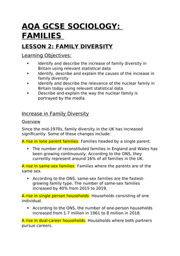 AQA GCSE Sociology Families Lesson 2: Family Diversity | Teaching Resources