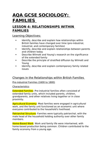 AQA GCSE Sociology Families Lesson 4: Relationships within Families ... AQA GCSE Sociology Families Lesson 4: Relationships within Families ...