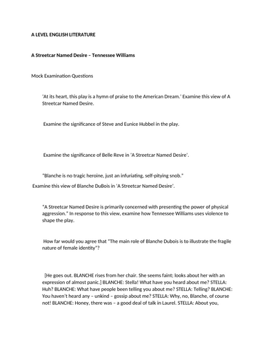 "A Streetcar Named Desire" A LEVEL ENGLISH LITERATURE essay questions ...