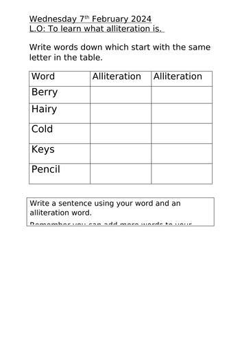 Alliteration worksheet | Teaching Resources