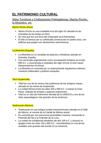 El Patrimonio Cultural - Facts for AQA A-Level Spanish | Teaching Resources