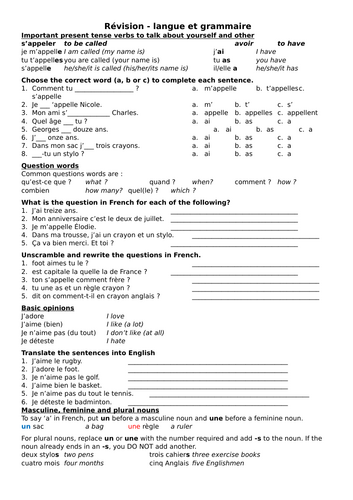 Révision - langue et grammaire 1 | Teaching Resources