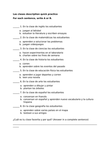 Las clases description quick practice | Teaching Resources