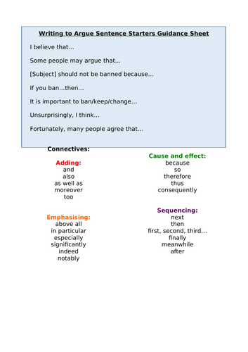 Writing to Argue Sentence Starters and Connectives | Teaching Resources