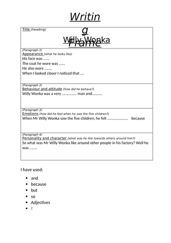 Willy Wonka Character Description Writing Frame Teaching Resources