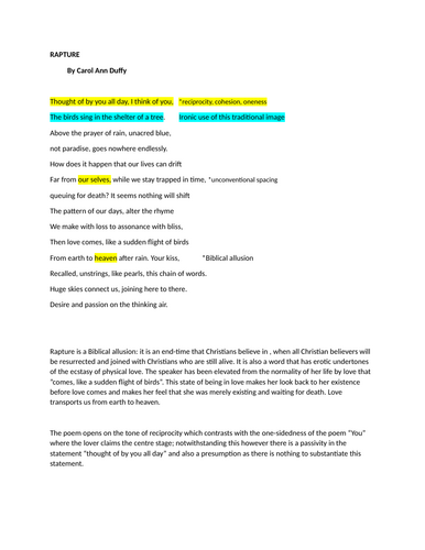 Carol Ann Duffy "Rapture" A LEVEL ENGLISH LITERATURE analysis ...