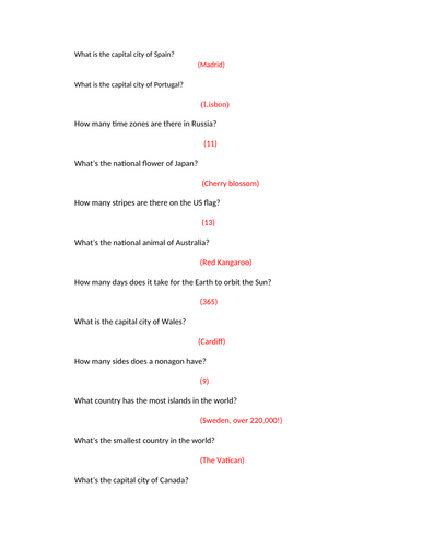 Year 5 and 6 End of Term Quiz: General Knowledge Questions | Teaching ...