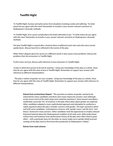 A Level English Literature: teacher resource: essay questions "Twelfth ...