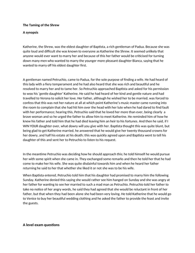 A Level English Literature: teacher resource: "The Taming of the Shrew ...