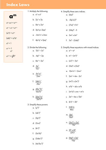 Index Laws Worksheet | Teaching Resources