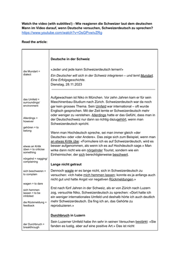 A Level German: Deutsche in der Schweiz | Teaching Resources