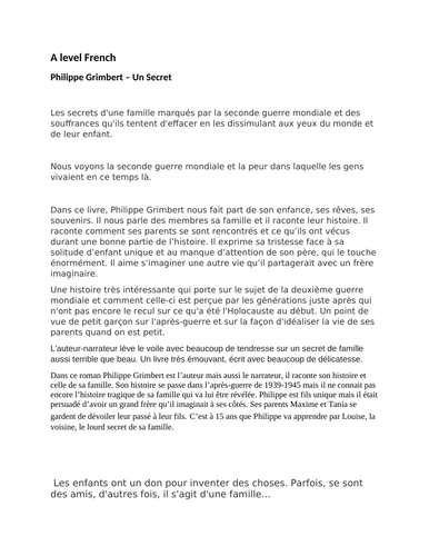 A Level French revision notes "Un Secret" | Teaching Resources