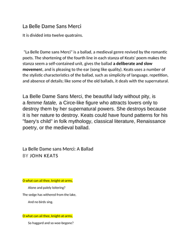 GCSE ENGLISH LITERATURE: poetry analysis "La Belle Dame Sans Merci ...