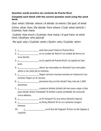 Question words practice (en contexto de Puerto Rico) | Teaching Resources