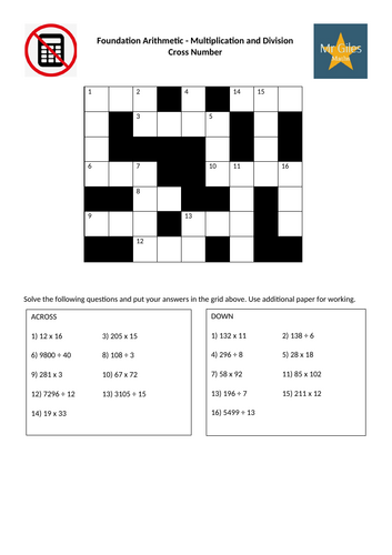 Foundation Arithmetic - Multiplication and Division Cross Number ...