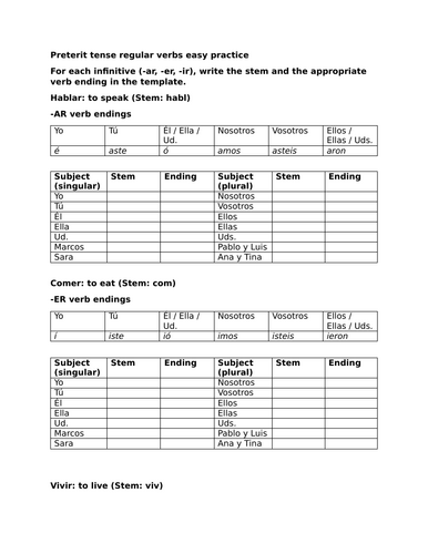 Preterit tense regular verbs easy practice | Teaching Resources